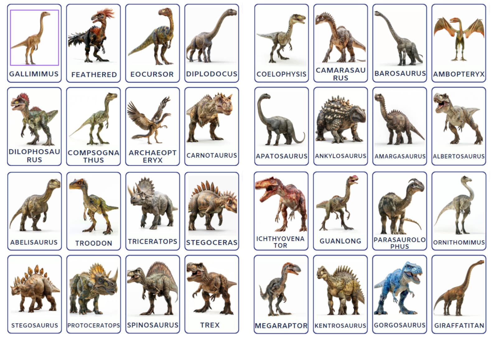 32 Jurassic Dinosaur Flashcards, Kids Printable, Nomenclature Cards ...