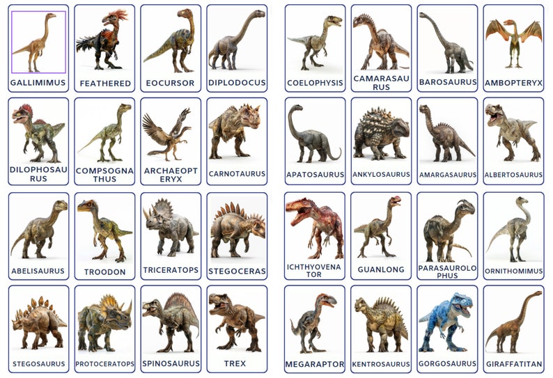 32 Jurassic Dinosaur Flashcards, Kids Printable, Nomenclature Cards ...