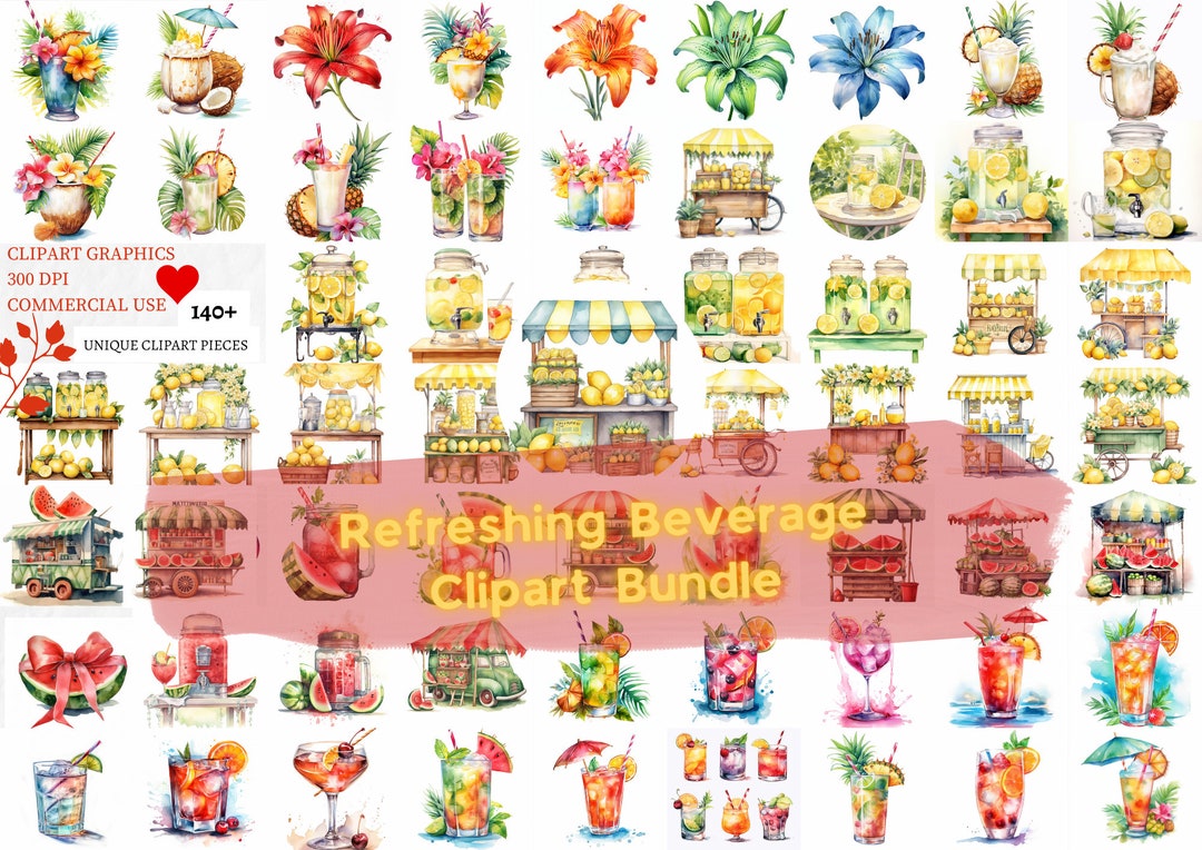 Refreshing Beverage Clipart Bundle, Including Lemonade Stand, Pina ...