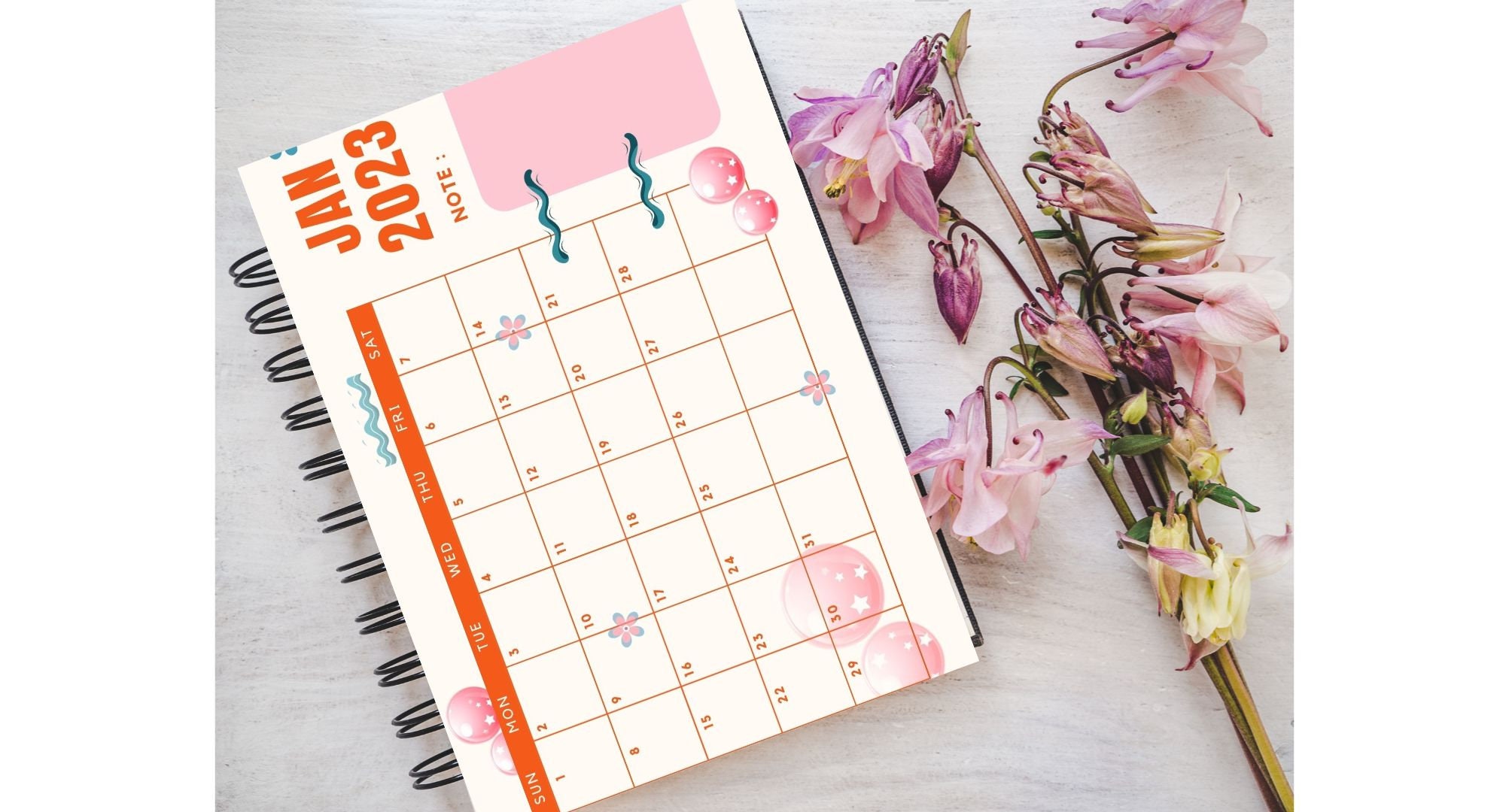 2023 Lined Printable Calendar, Landscape, White and Orange Retro ...