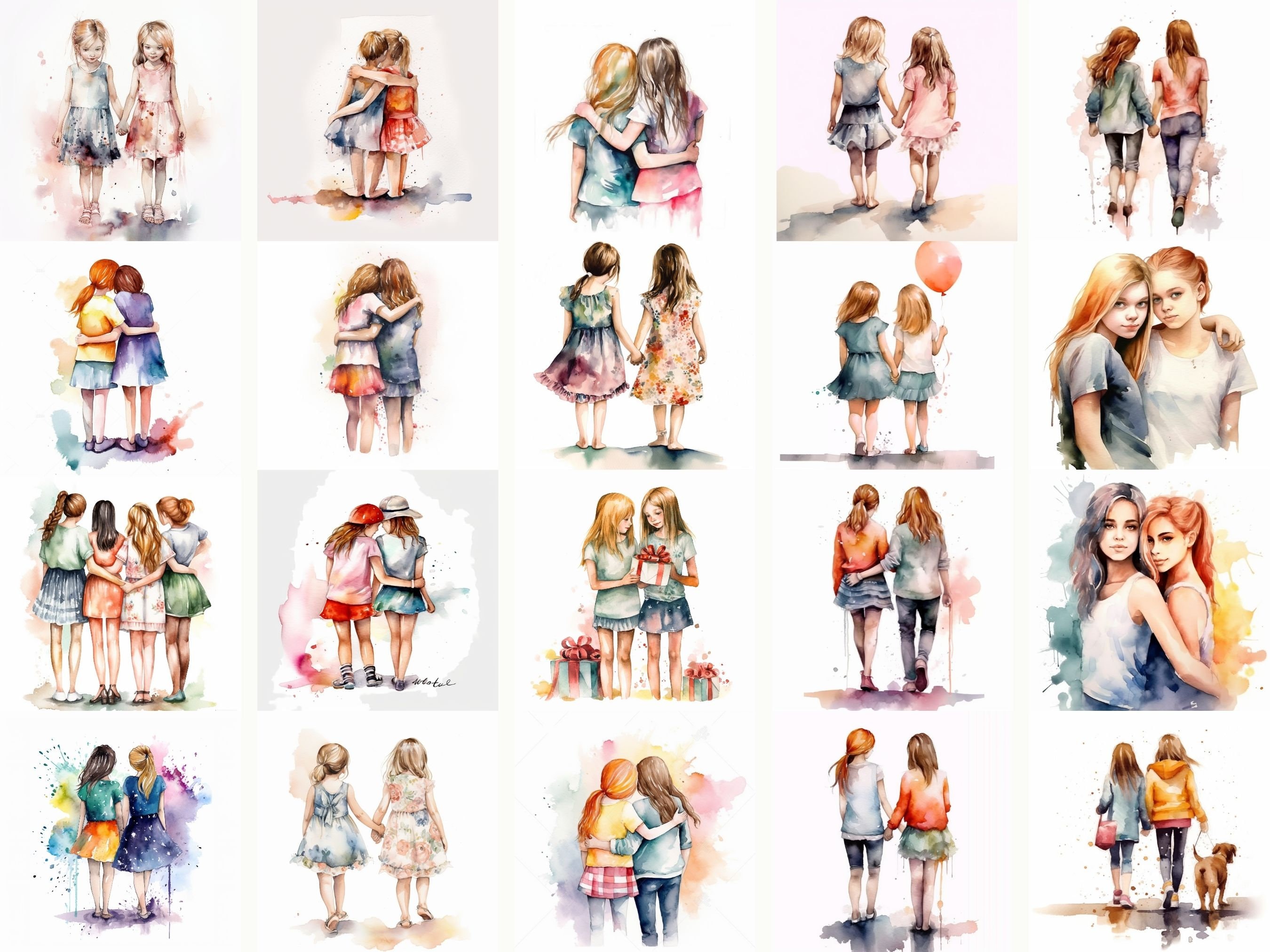 Watercolor Best Friends Clipart - 30 Watercolor Kids Girl BFF Clipart ...