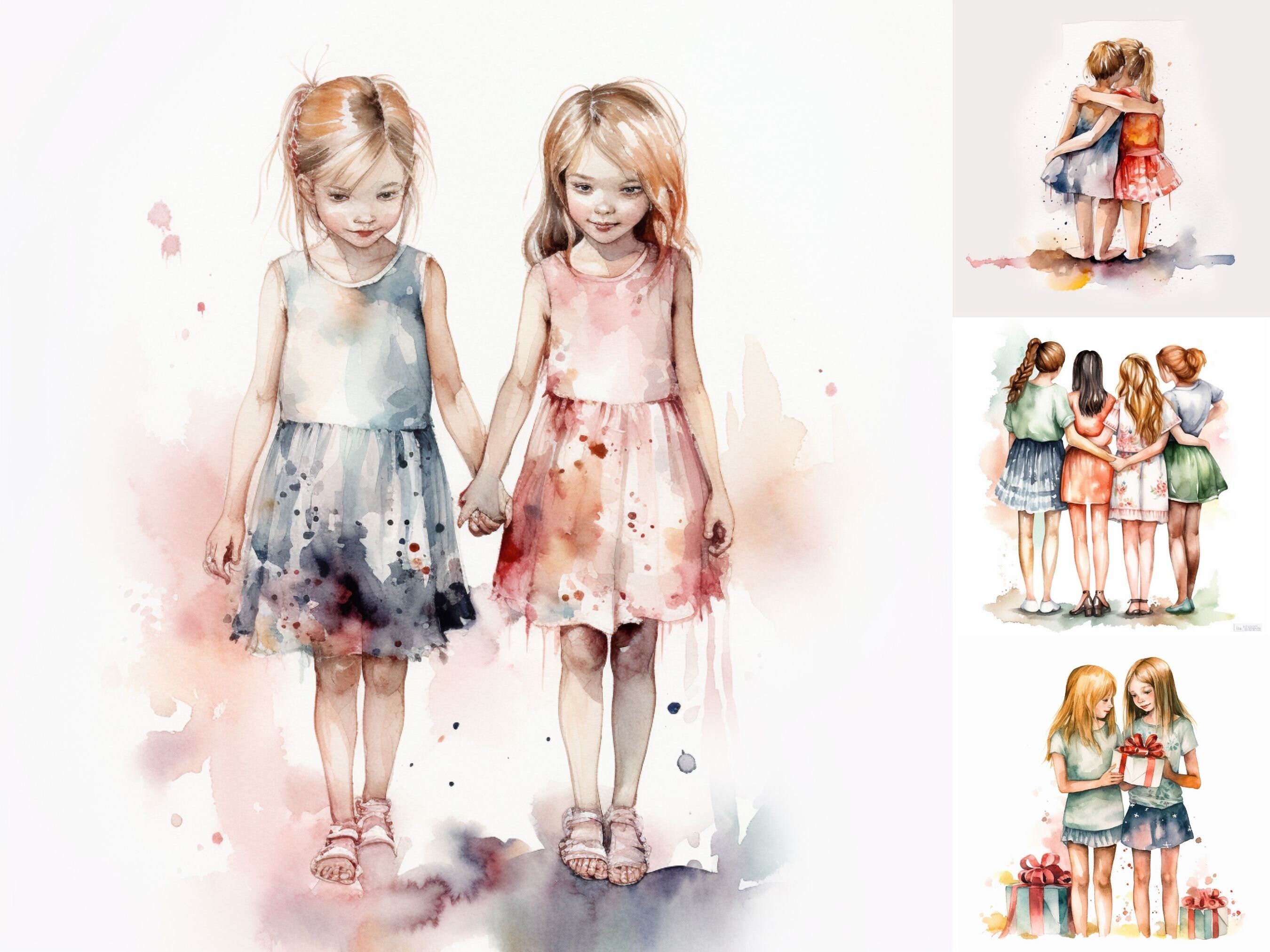 Watercolor Best Friends Clipart - 30 Watercolor Kids Girl BFF Clipart ...