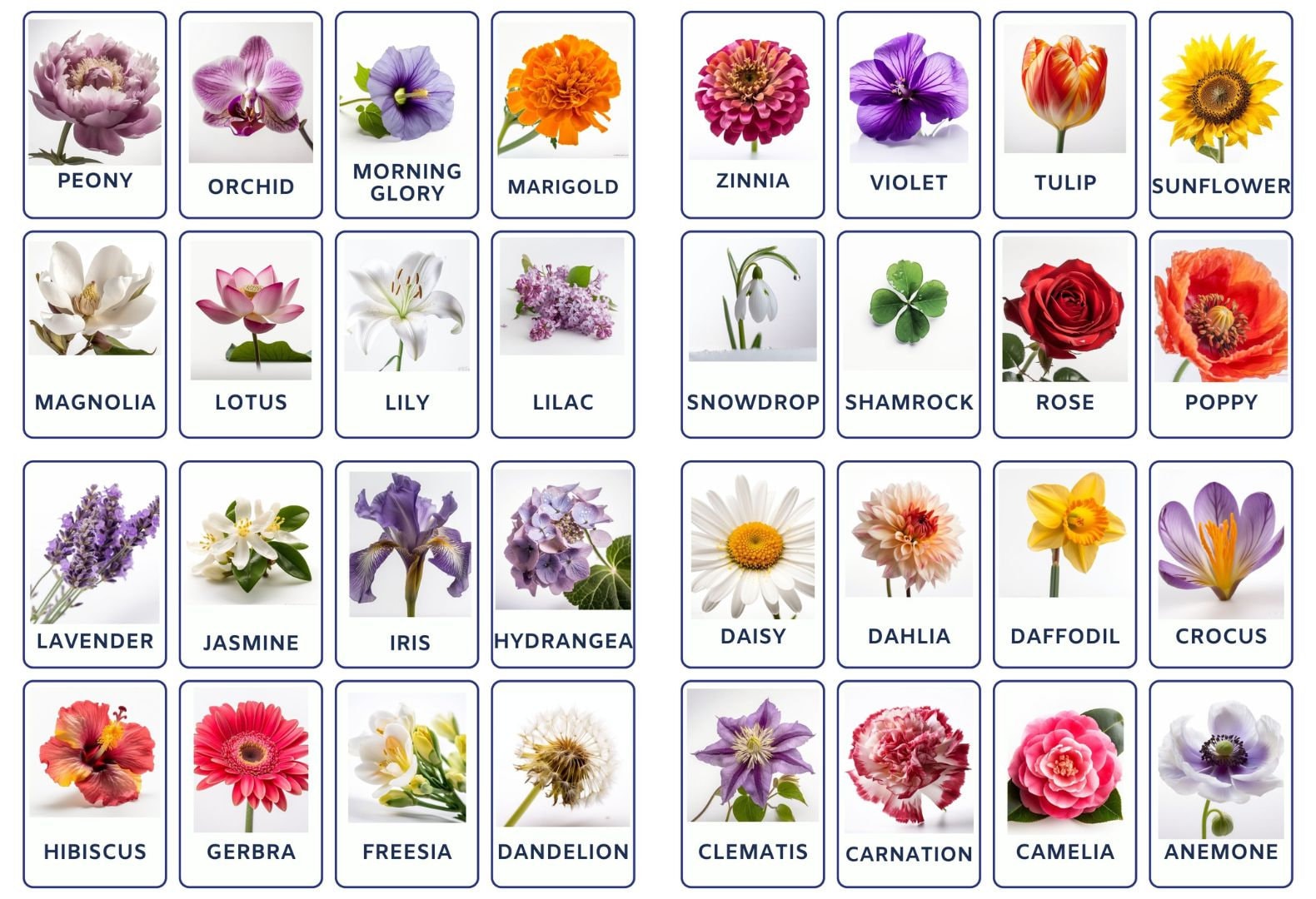 32 Flowers Flashcards, Image Cards for Kids, Preschoolers, Nomenclature ...