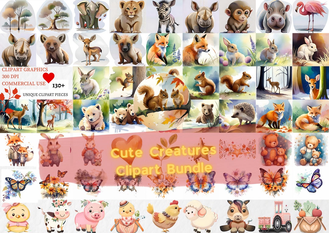 Cute Creatures Clipart Bundle, Includes Safari Baby Animals, Cute Farm ...