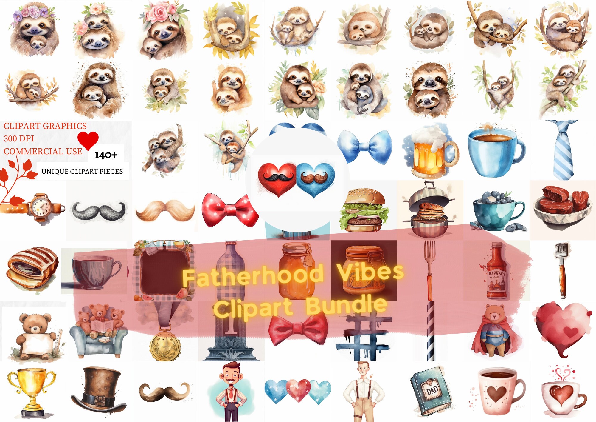 Fatherhood Vibes Clipart Bundle, Including Daddy Sloth, Watercolor Dad ...