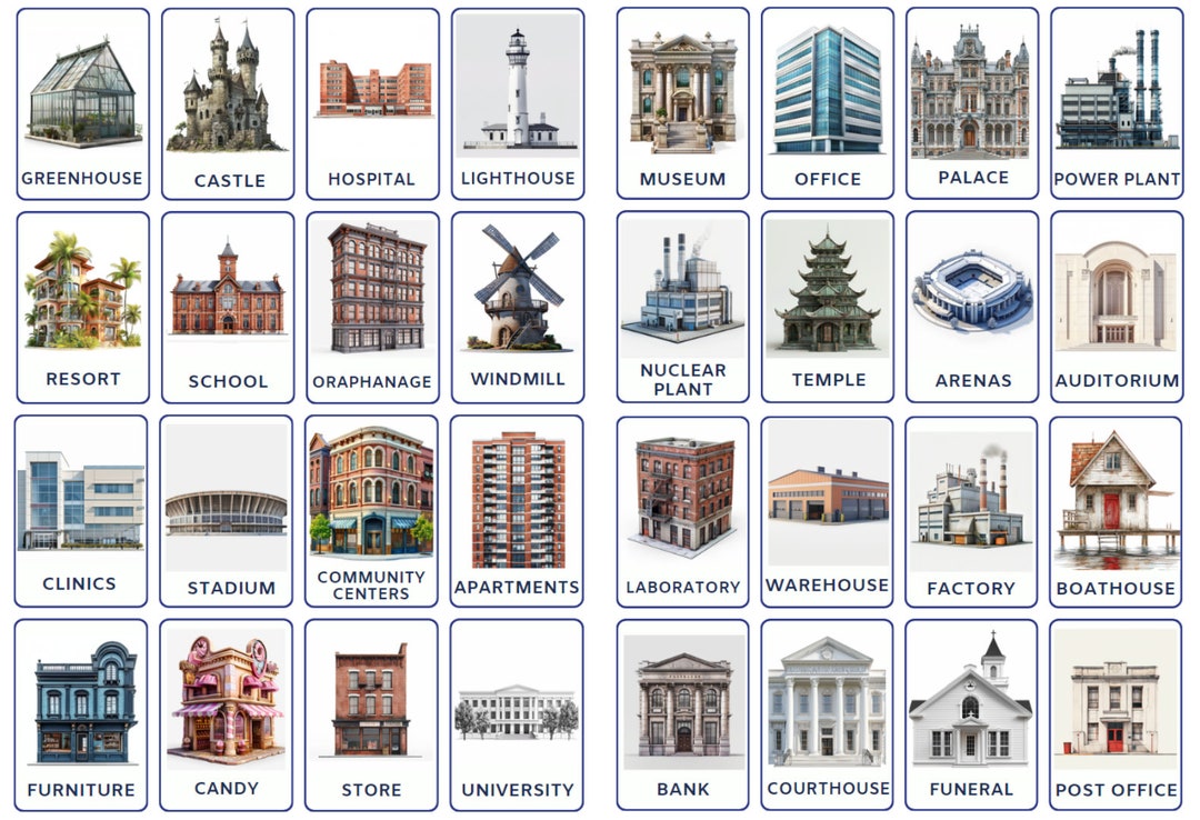 32 PNG Types of Building Flash Cards, Printable Montessori Cards ...