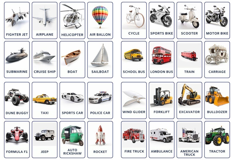 Vehicles 32 Montessori Cards, Flash Cards Nomenclature Flashcards ...