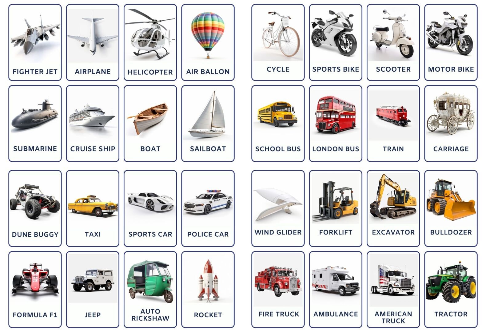 Vehicles 32 Montessori Cards, Flash Cards Nomenclature Flashcards ...