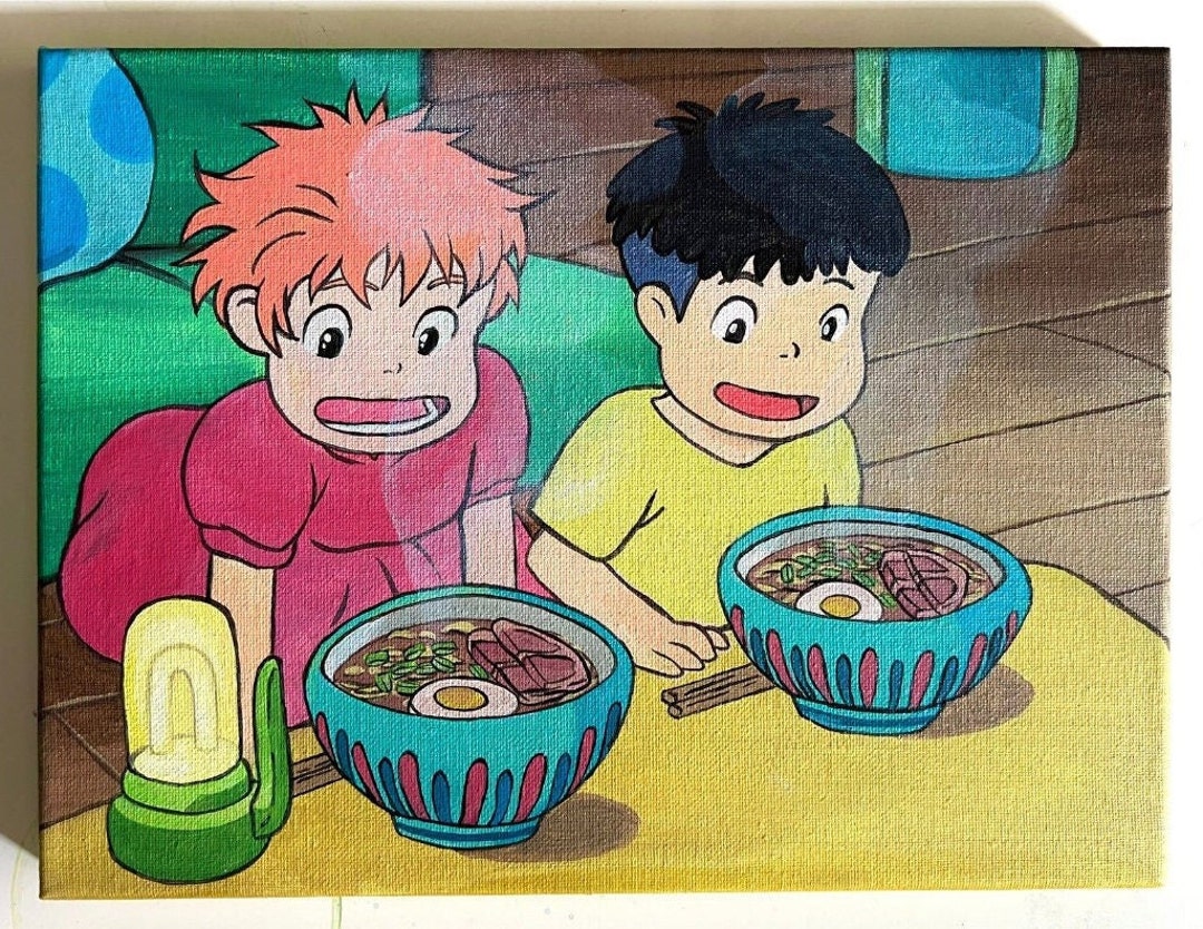 Studio Ghibli Ponyo Ramen Eating Scene Painting | Studio Ghibli Art | Original Acrylic Painting ...