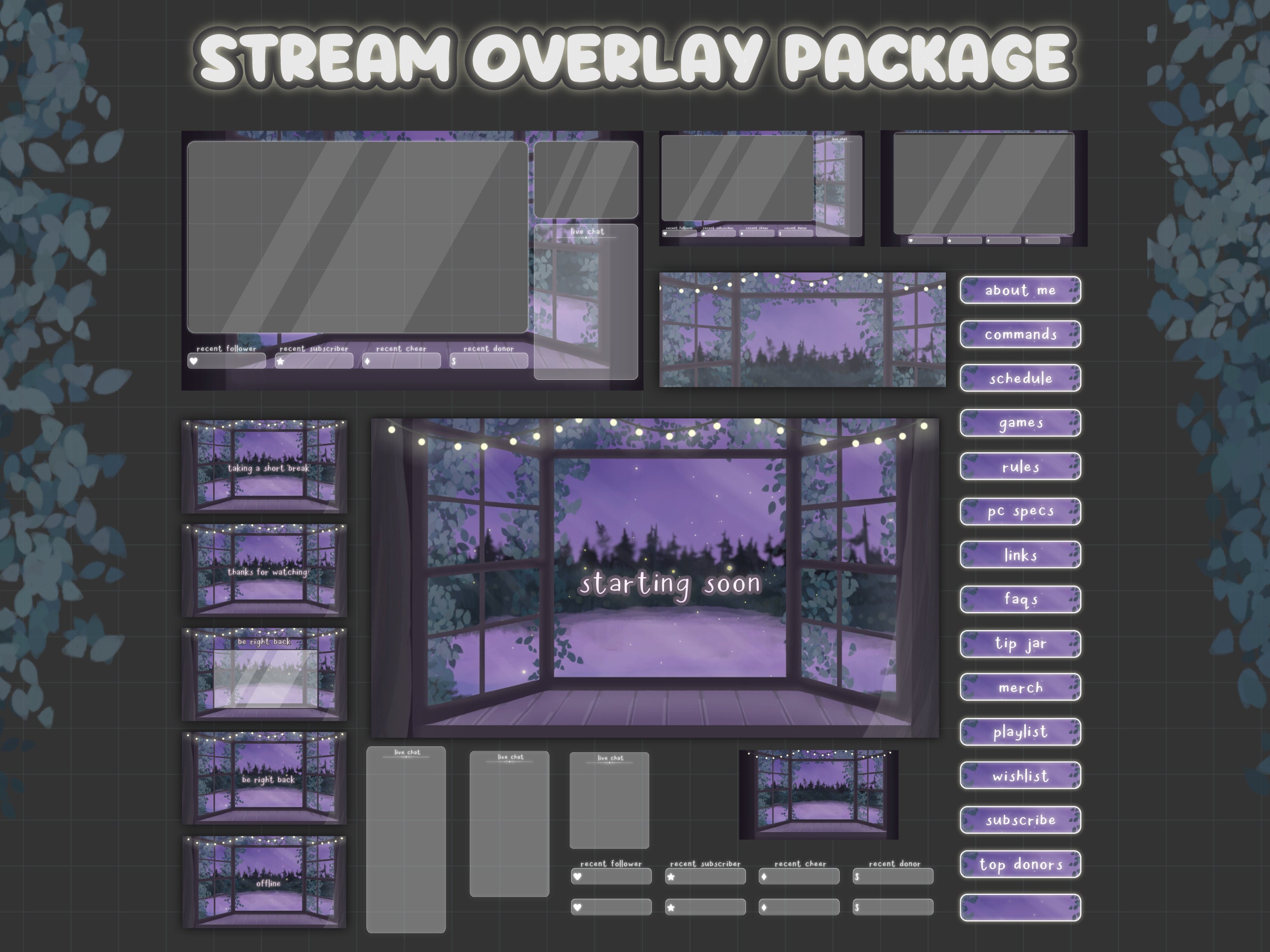 Animated Cozy Cabin Purple Stream Overlay Package | Panels Animated ...