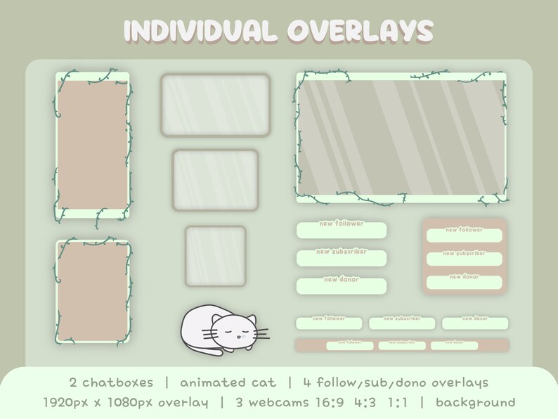 Static & Animated Green Cozy Cat Cute Stream Overlay / Banner Face Cam ...