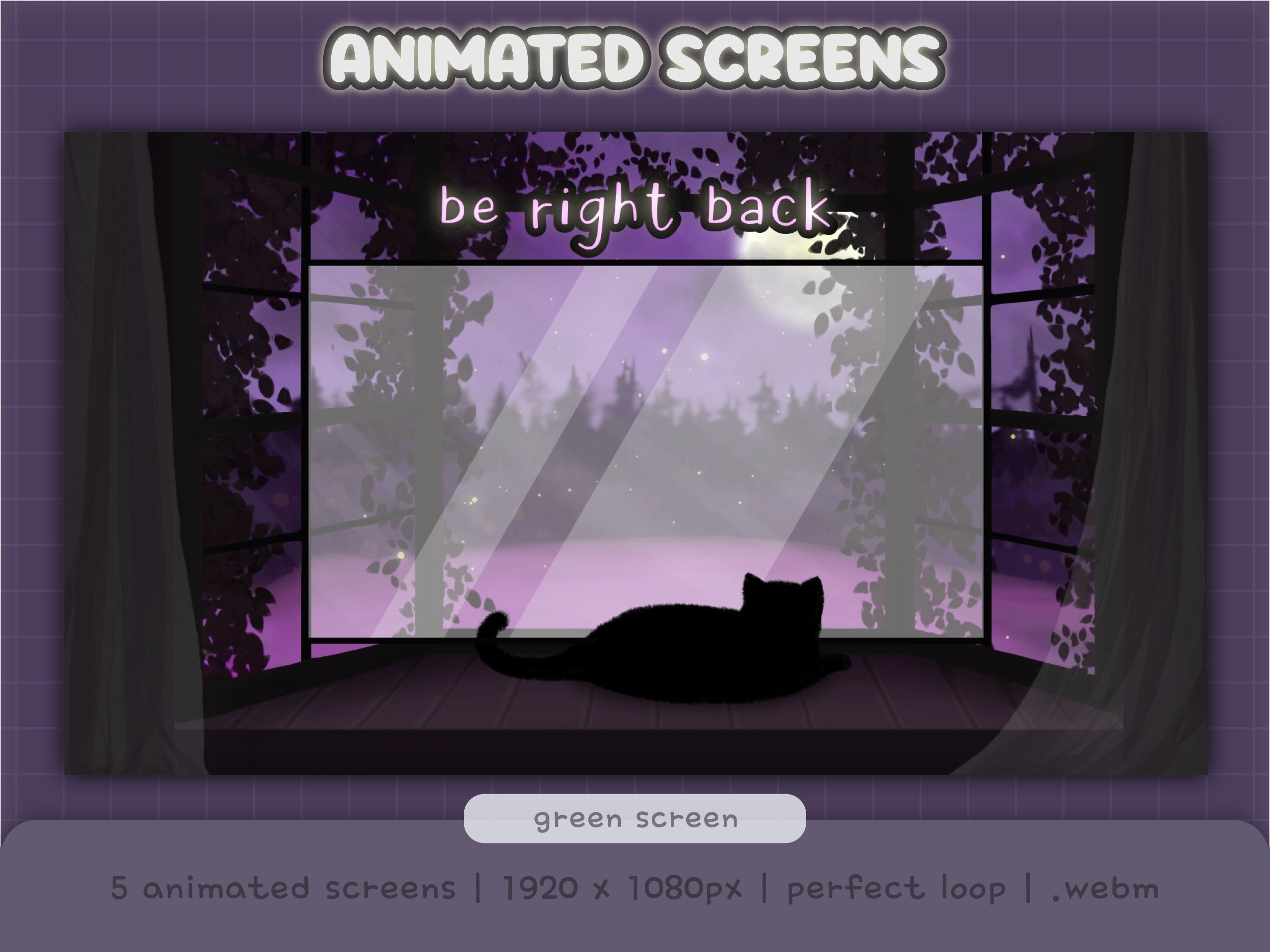 Animated Purple Cat Twitch Screens for Stream | Night Halloween Theme ...