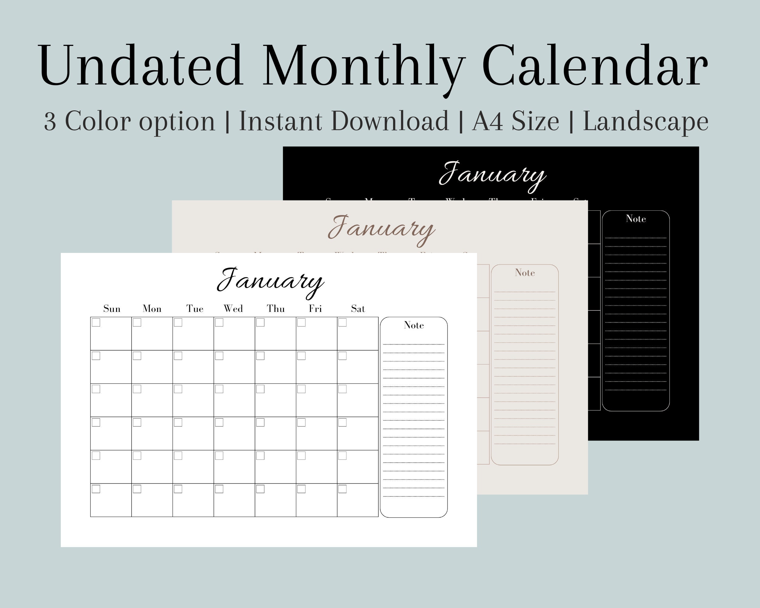 Blank Monthly Calender With Notes Landscape, Undated Monthly Planner ...