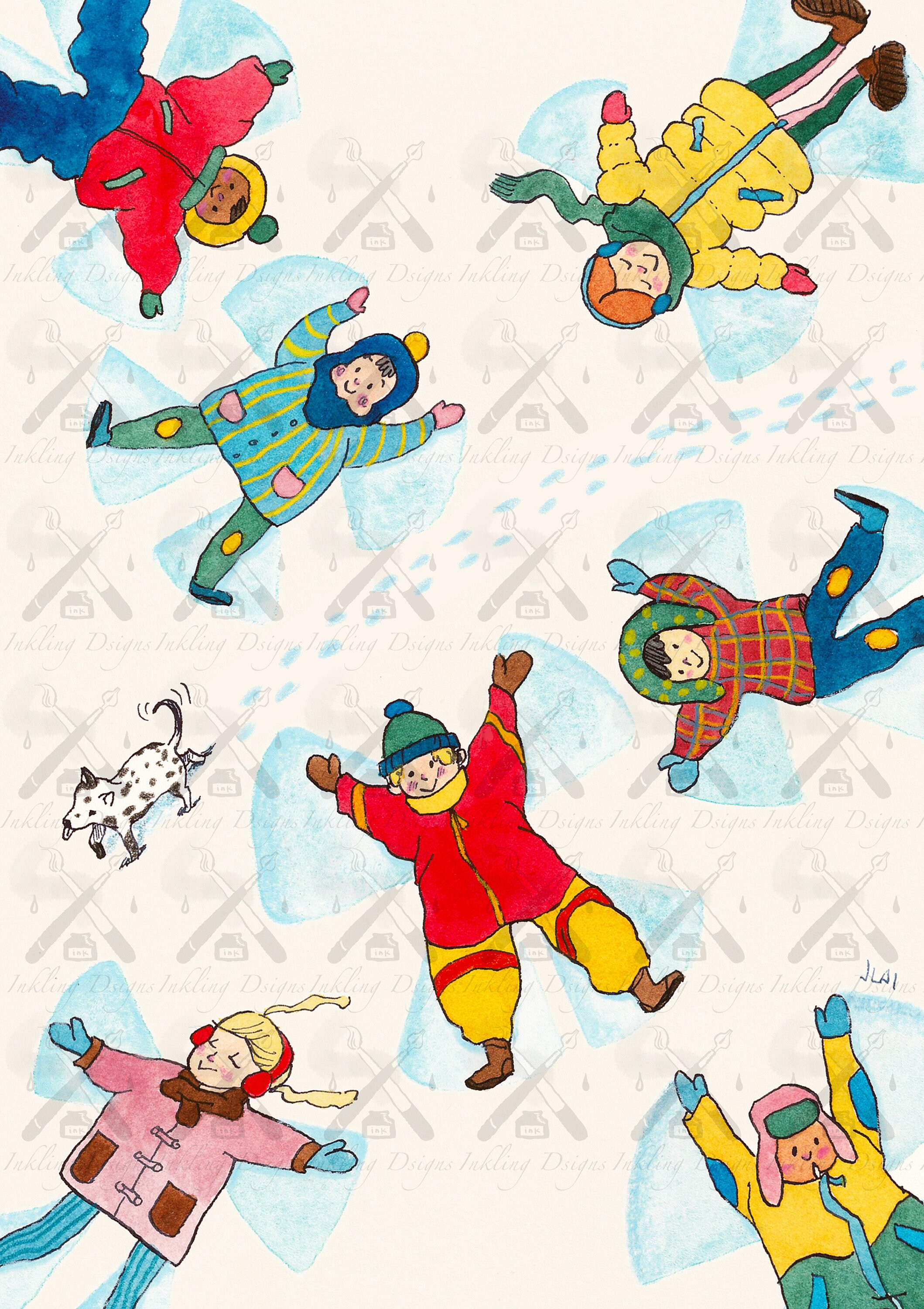 Winter Snow Angels | Watercolor Illustration | Children Playing ...