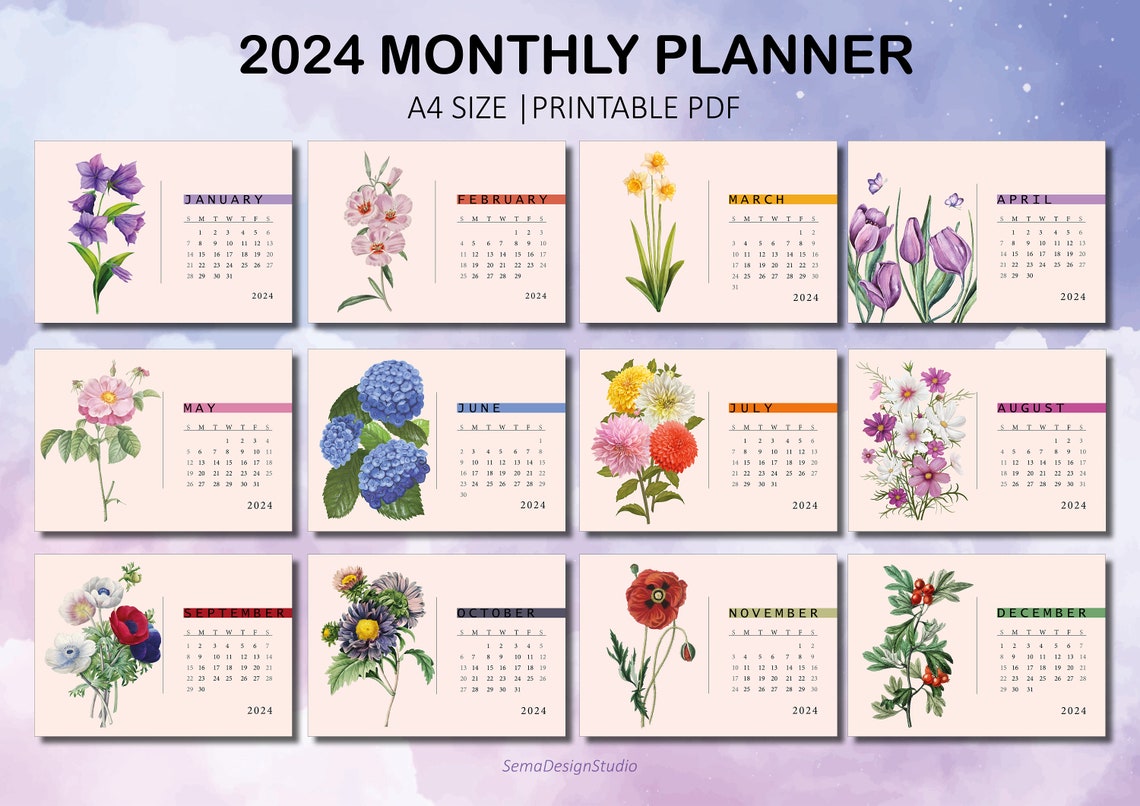 NEW 2024 Floral Digital Printable Calendar Colourfull - Etsy