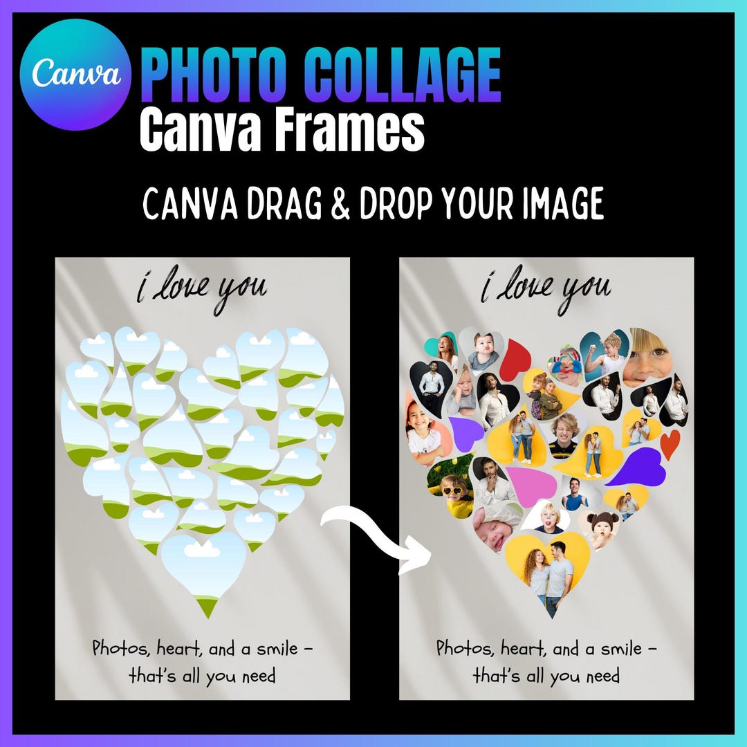 Heart Photo Collage Canva Template, Editable Canva Frame for Valentine ...
