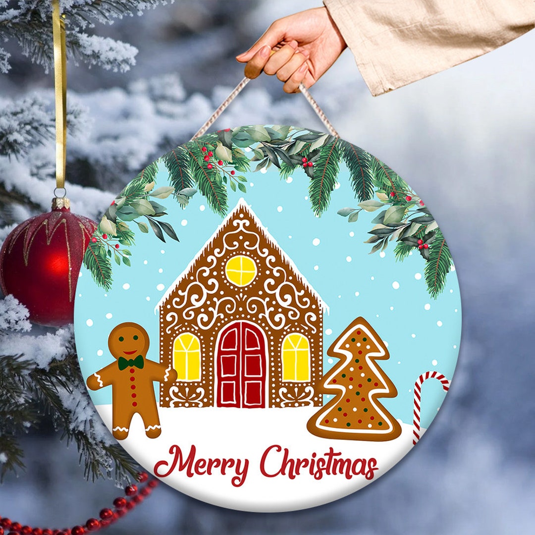 Merry Christmas Gingerbread Round Door Hanger PNG, Wood Door Hanger ...