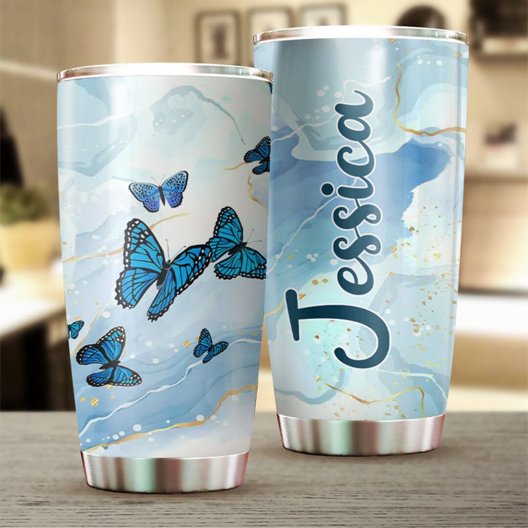 Blue Marble Butterfly Custom Tumbler, 20oz Tumbler With Lid and Straw ...