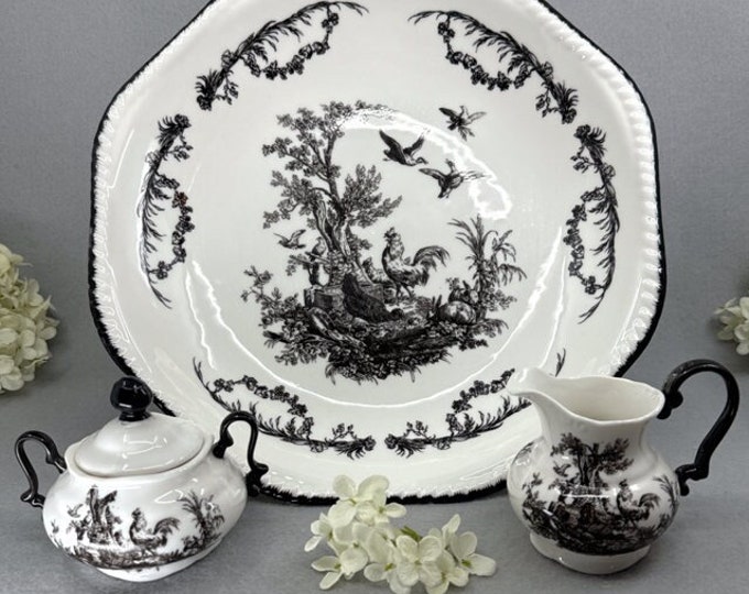 Vintage Aux Au Provence Footed Bowl in Toile W/ Rooster and Bird ...