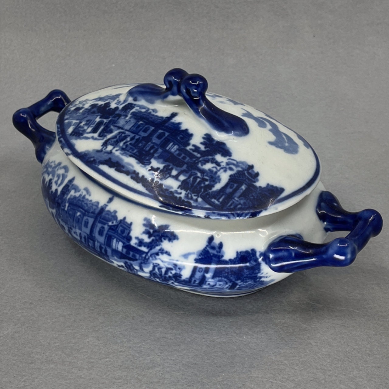 Antique Flow Blue Transferware Ironstone Lidded Dish 8 1/2w X 4 1/4t X ...