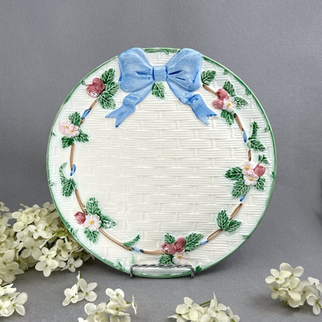 Vintage Spring Inspired Dinner Plate With Basketweave Pattern, Blue Bow ...