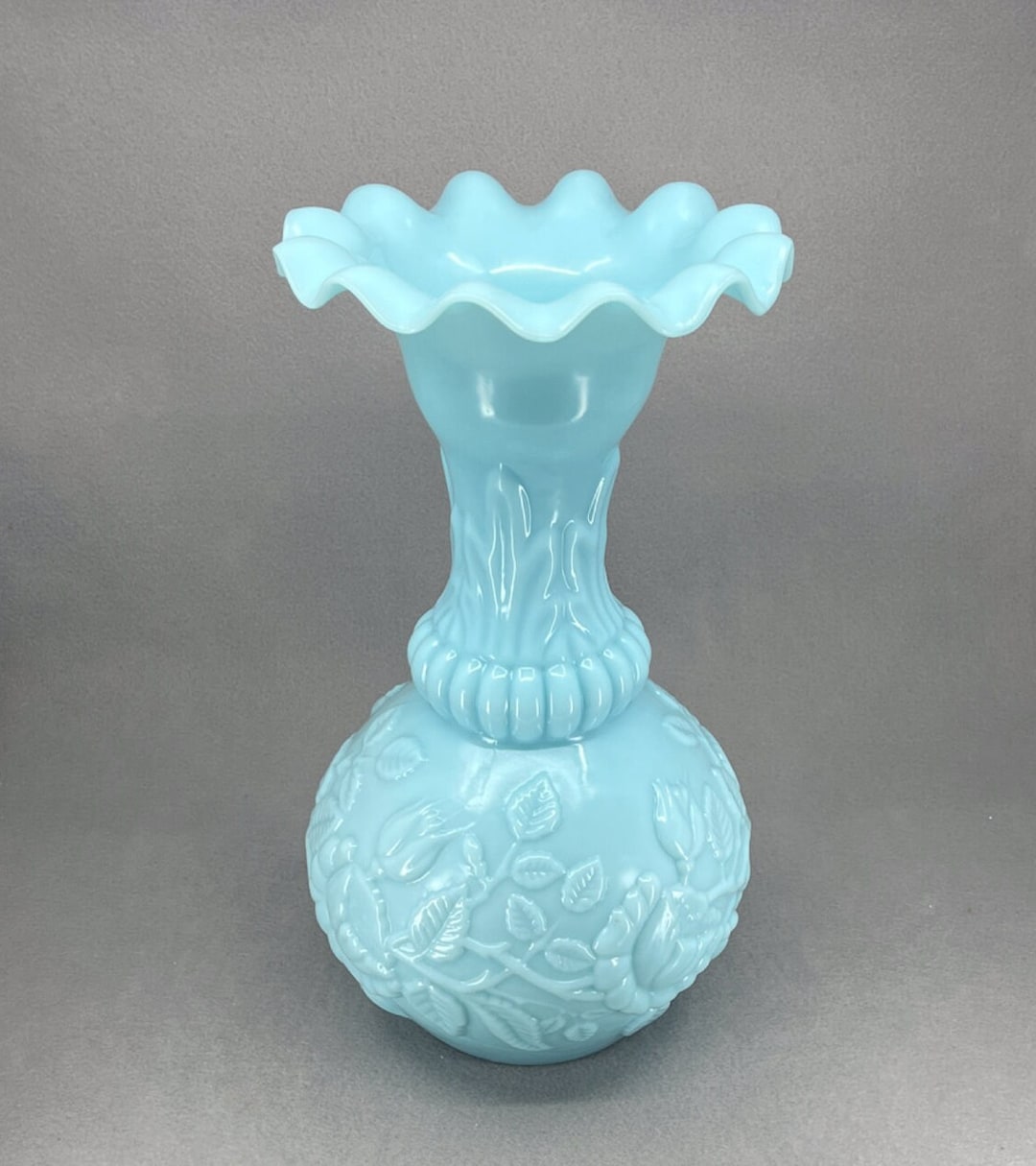Antique LARGE Portieux Vallerysthal Blue Opaline Vase (12 5/8"t X 7"w) 3D Floral Motif With ...