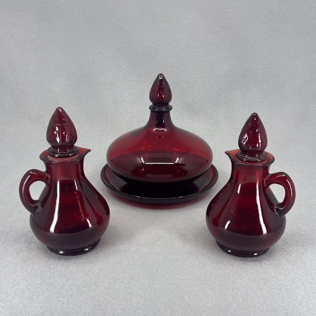 Vintage Avon Ruby Red Glass Strawberry Collection - 5" Bath Cruets (2 ...