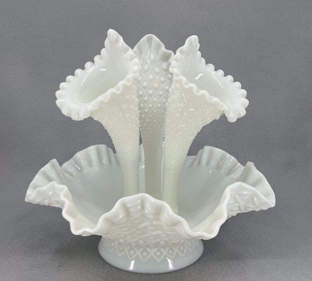 Vintage Fenton Large Diamond Lace Milk Glass Epergne 3 Horn Vase. 1 ...