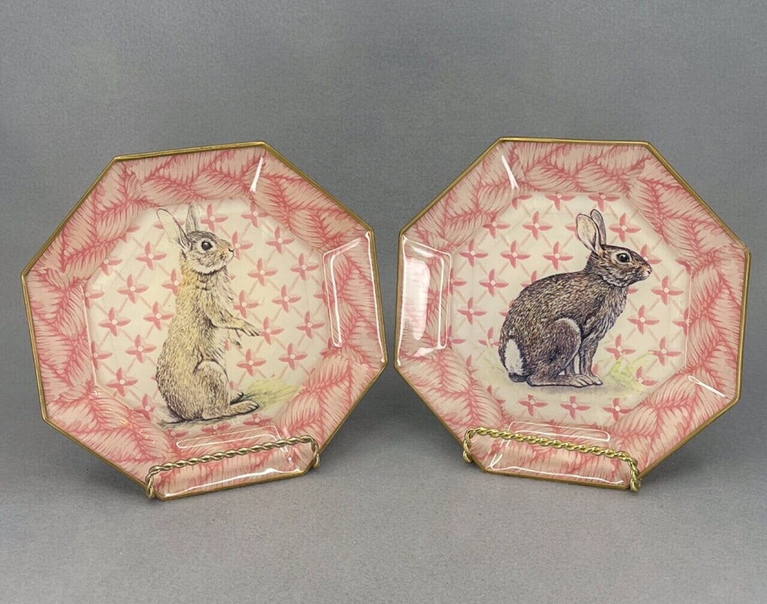 Vintage Moonlighting Interiors Hexagonal Decoupaged Plates With Rabbit ...