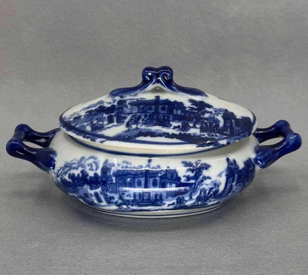 Antique Flow Blue Transferware Ironstone Lidded Dish 8 1/2w X 4 1/4t X ...