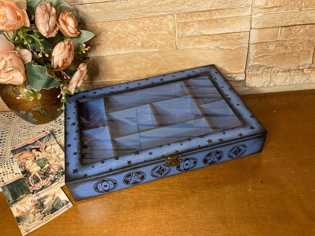 Moon Phase Wooden Crystal Storage Glass Lid Box , Crystals Display Box ...