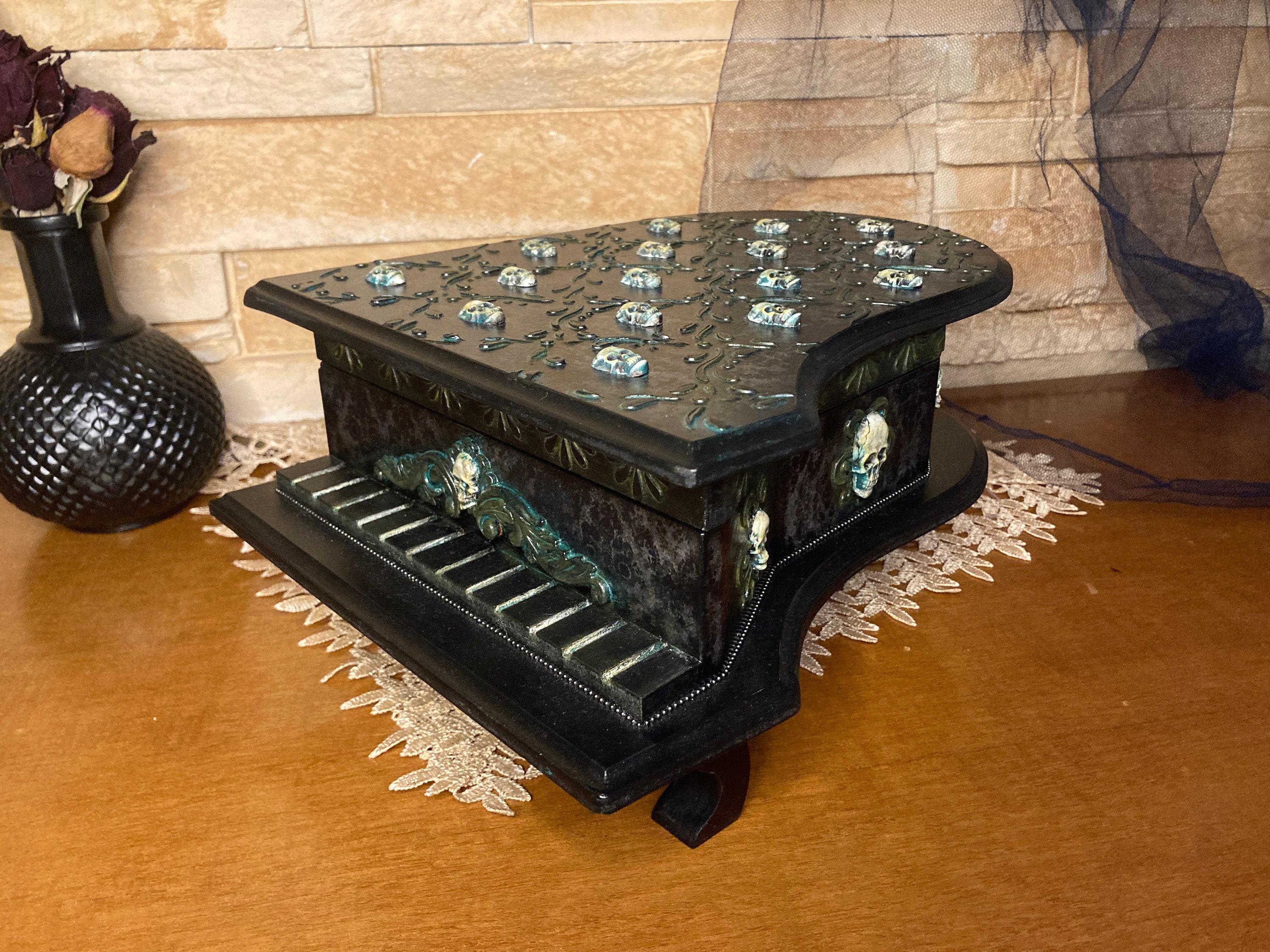 Gothic Jewelry Piano Box, Black Ring Storage, Piano Treasure Box ...