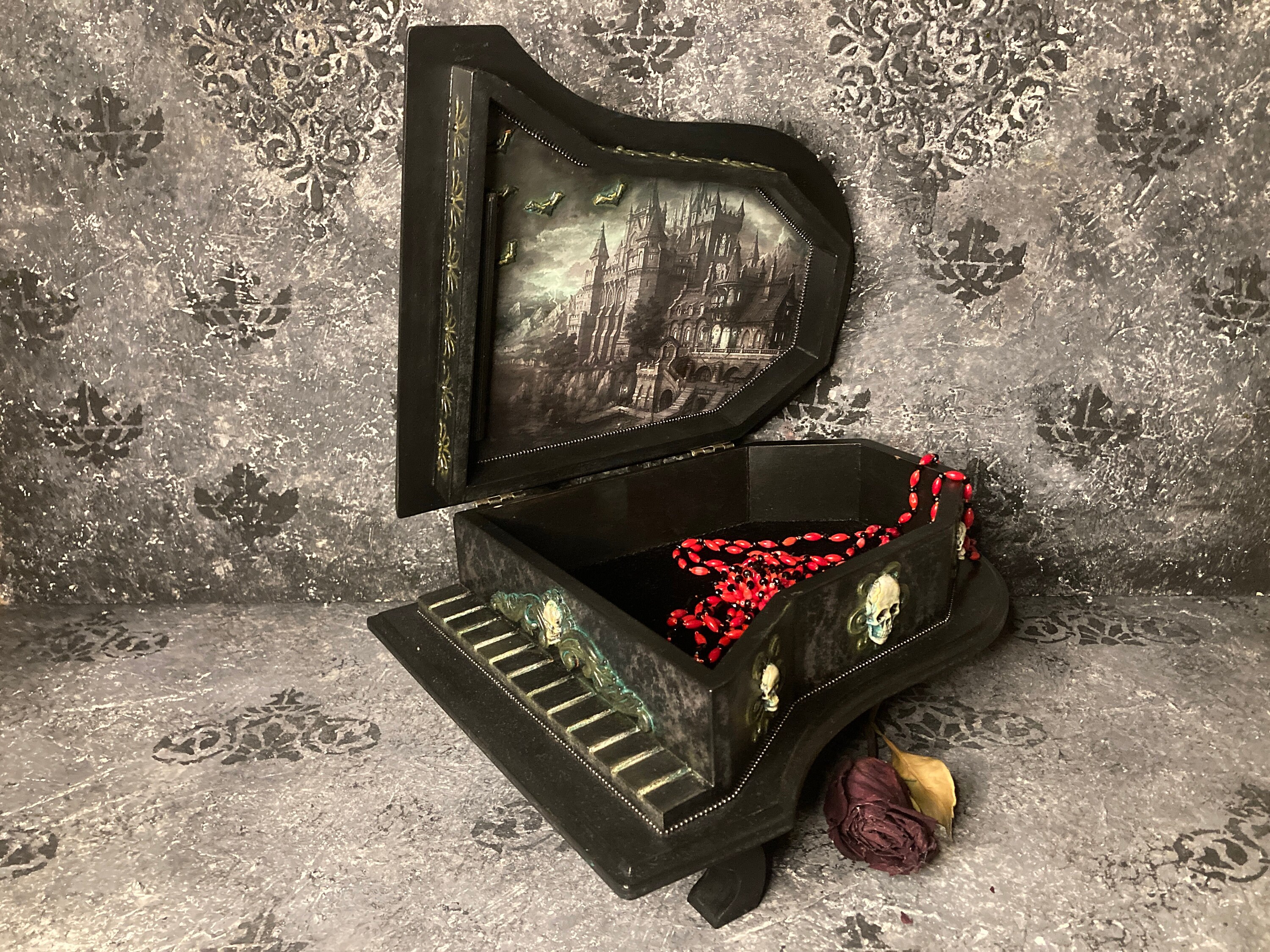 Gothic Jewelry Piano Box, Black Ring Storage, Piano Treasure Box ...