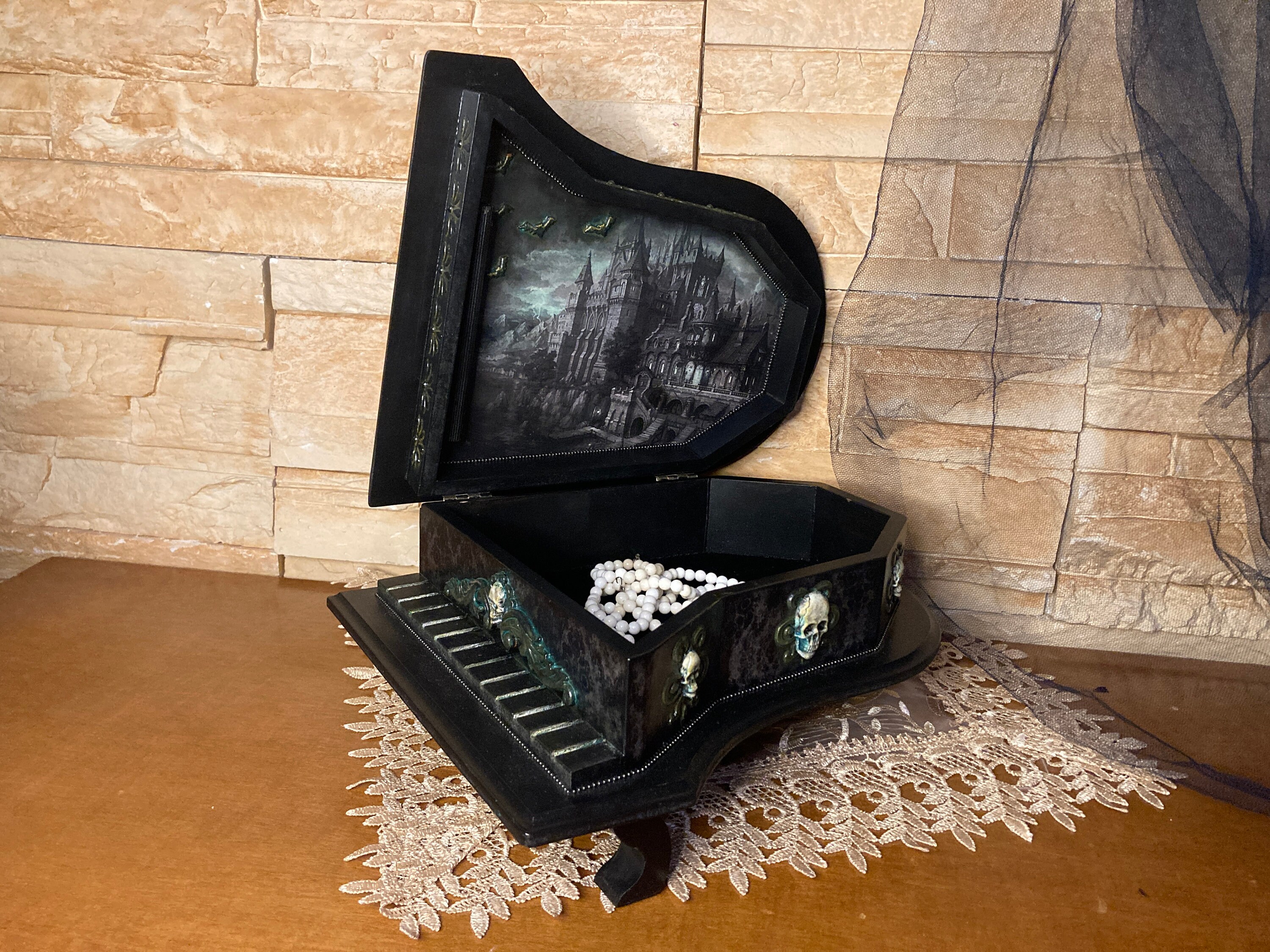 Gothic Jewelry Piano Box, Black Ring Storage, Piano Treasure Box ...
