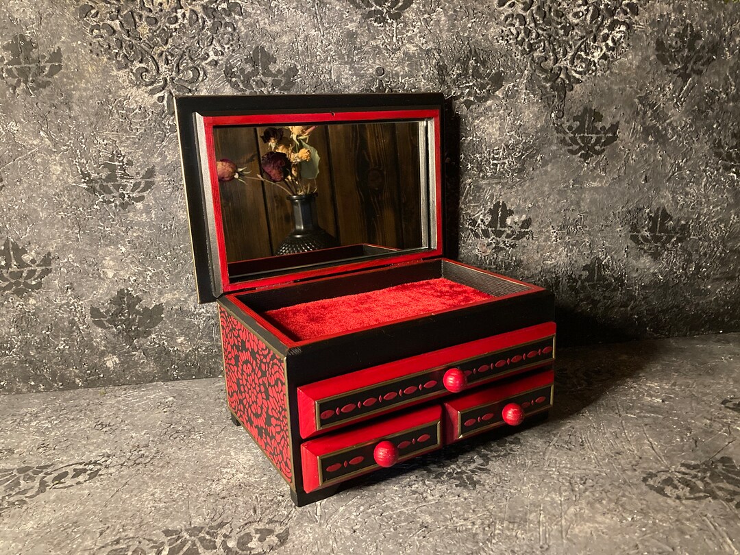 Gothic Black and Red Jewelry Box With Drawers and Mirror, Gothic ...