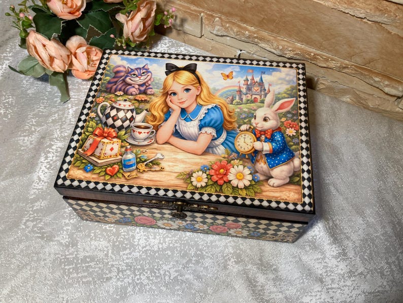 Alice in Wonderland Tea Box, Wooden Tea Bag Organizer, White Rabbit Tea ...