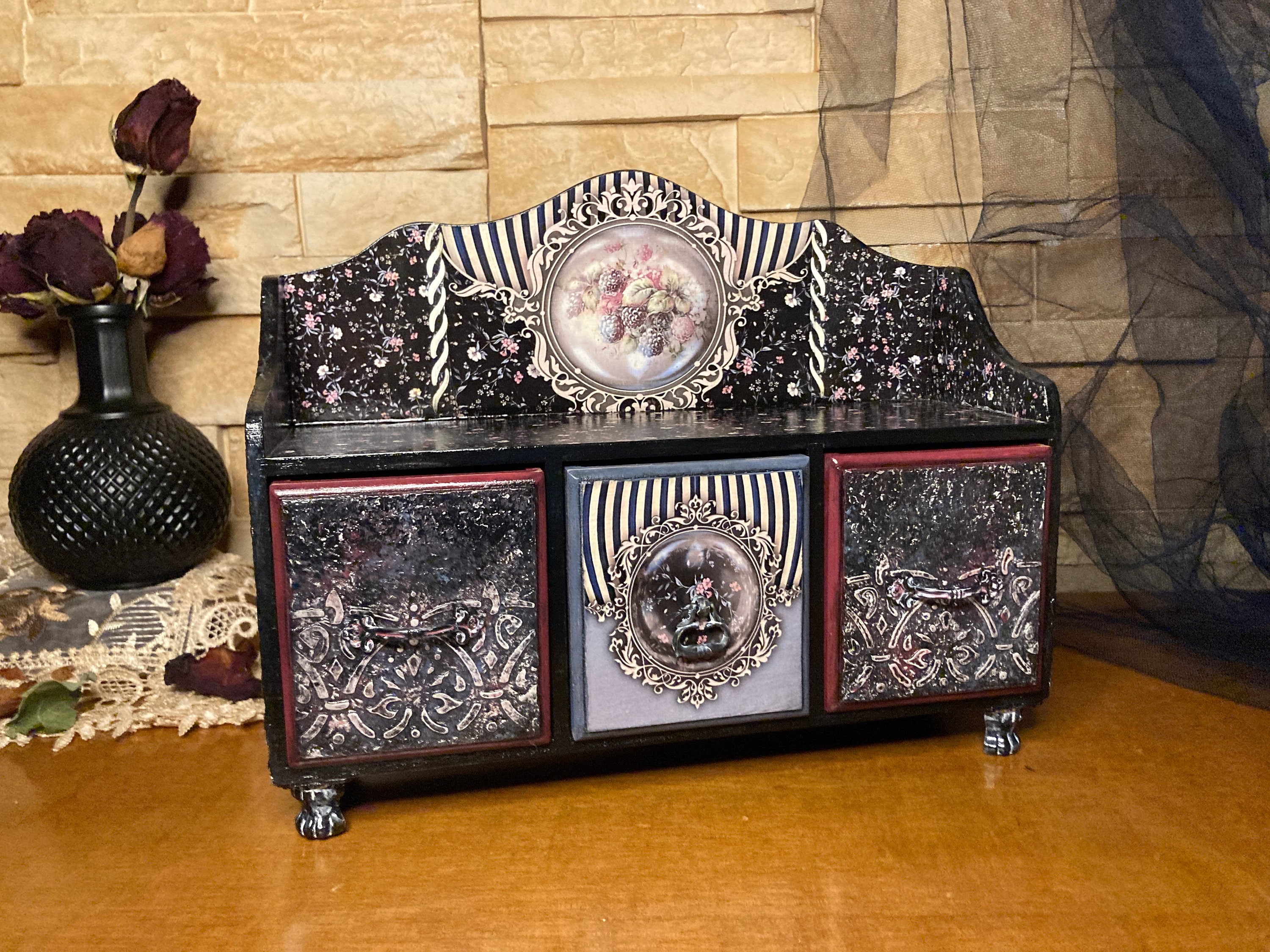Gothic Jewelry Box, Mini Chest of Drawers, Wooden Drawer Trinket Box ...