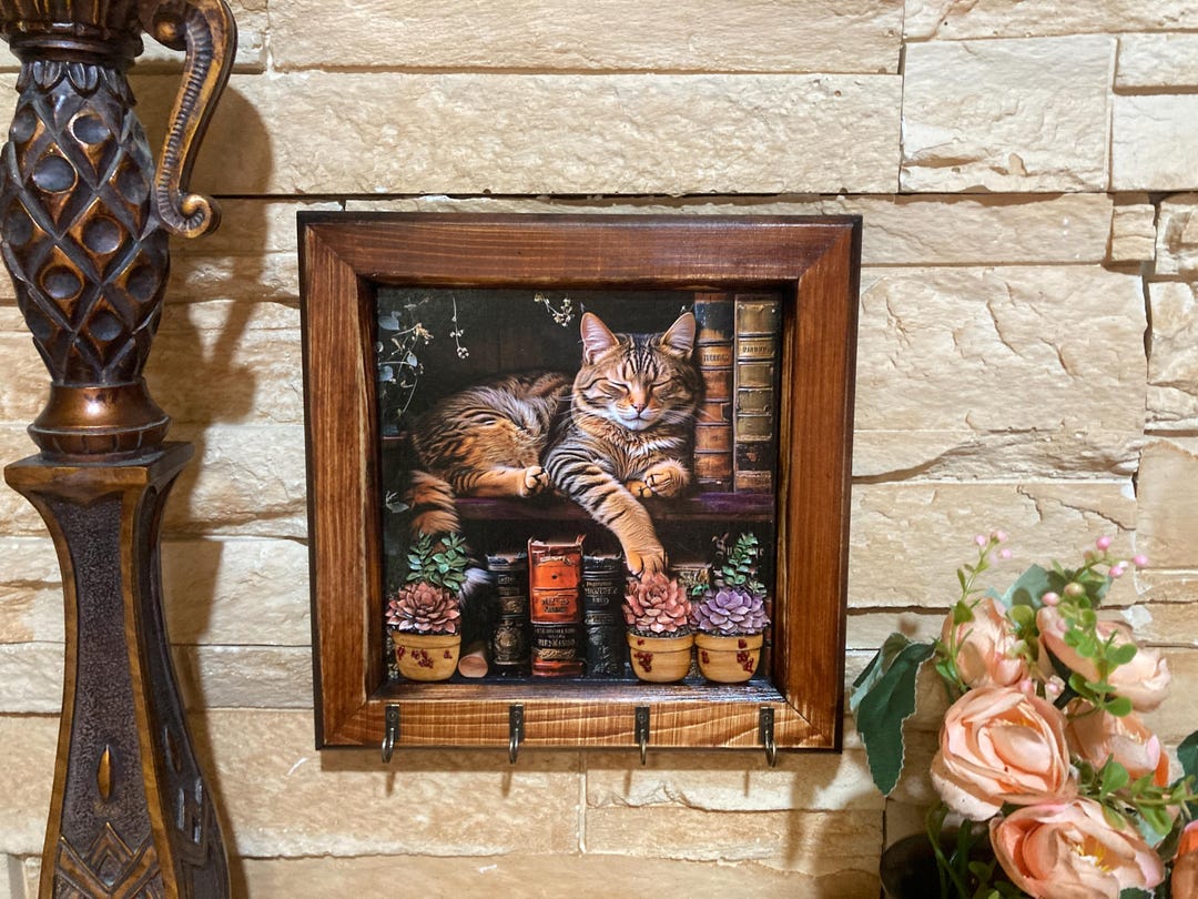 Handmade Wall Key Rack With Wise Cat, Wooden Key Holder, Entryway Decor ...
