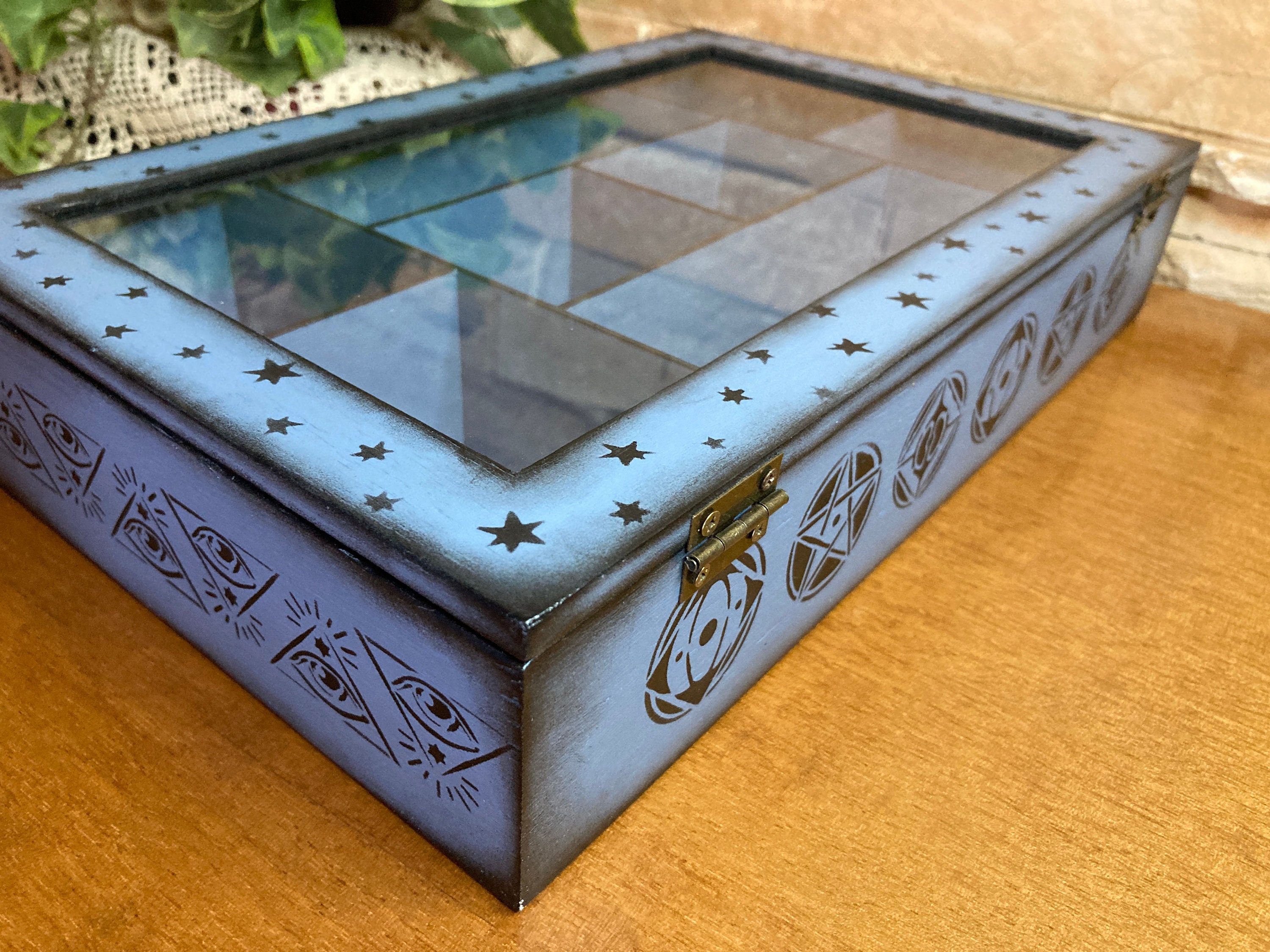 Moon Phase Wooden Crystal Storage Glass Lid Box , Crystals Display Box ...