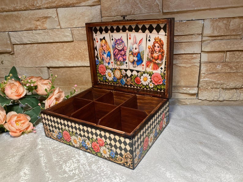 Alice in Wonderland Tea Box, Wooden Tea Bag Organizer, White Rabbit Tea ...
