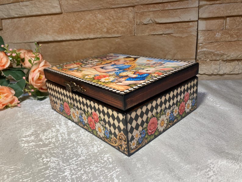 Alice in Wonderland Tea Box, Wooden Tea Bag Organizer, White Rabbit Tea ...