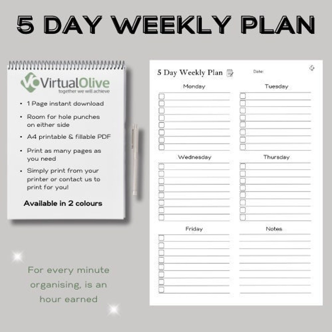 Five Day Weekly Plan, Daily Planning, Daily Schedule, Week Plan, Work ...