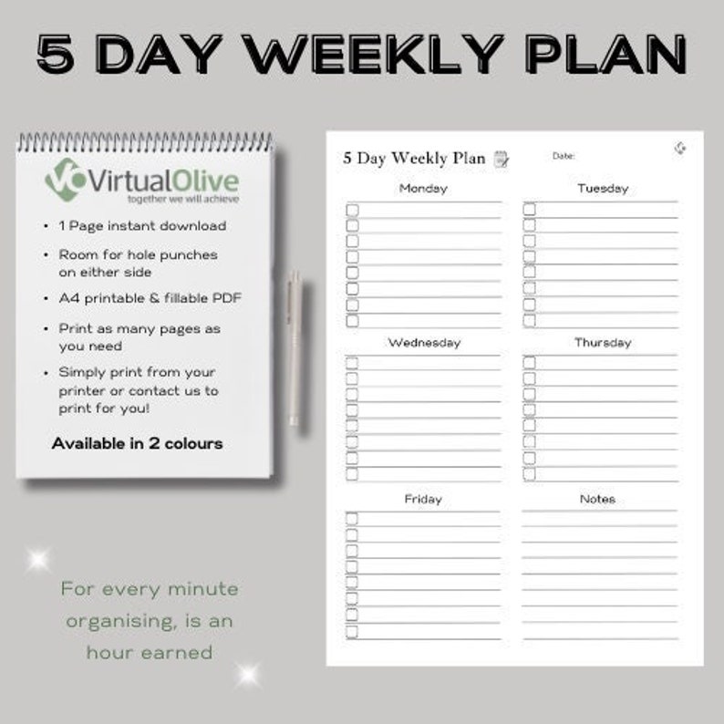 Five Day Weekly Plan, Daily Planning, Daily Schedule, Week Plan, Work ...