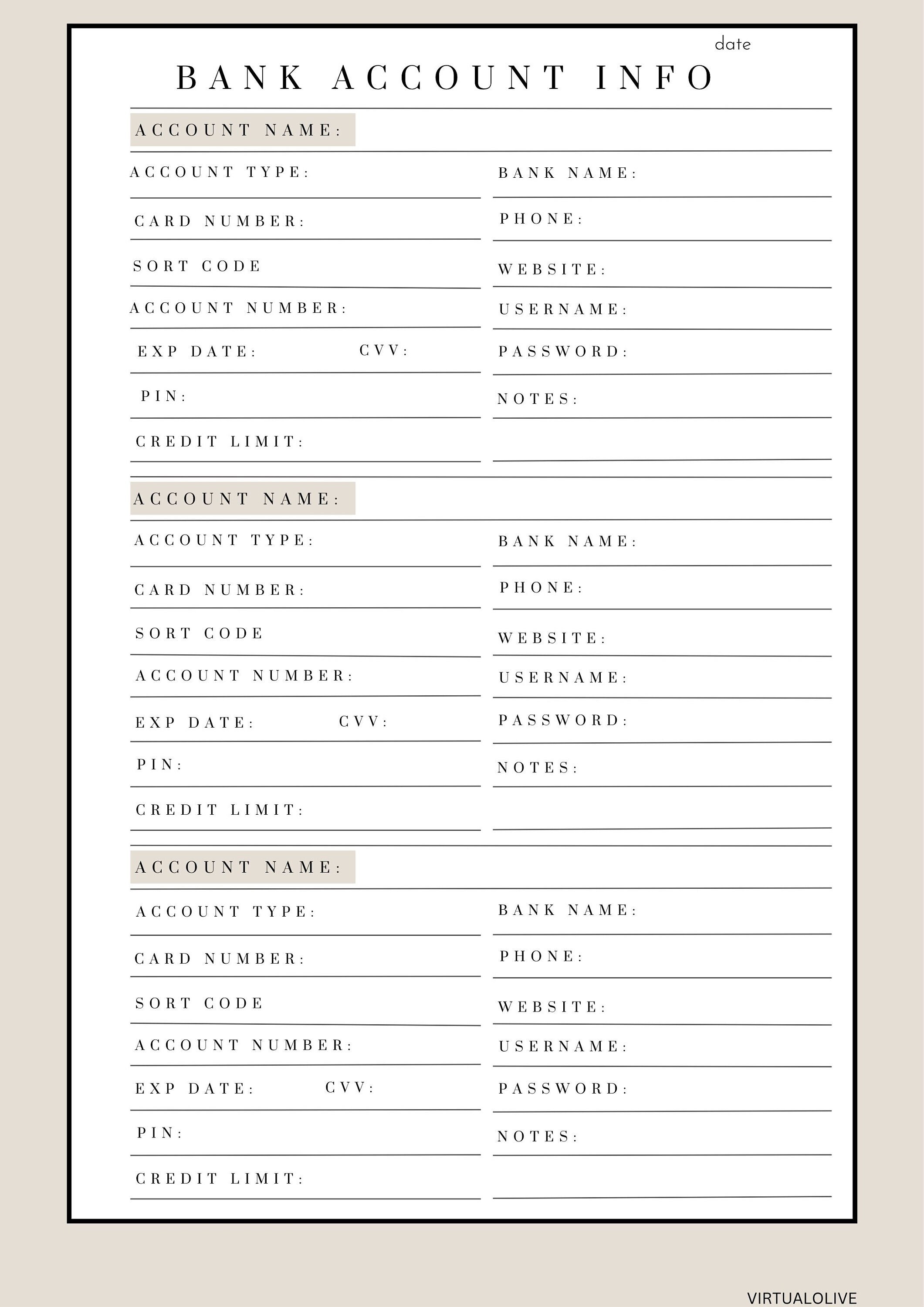 Bank Account Information Organising Bank Account Info - Etsy