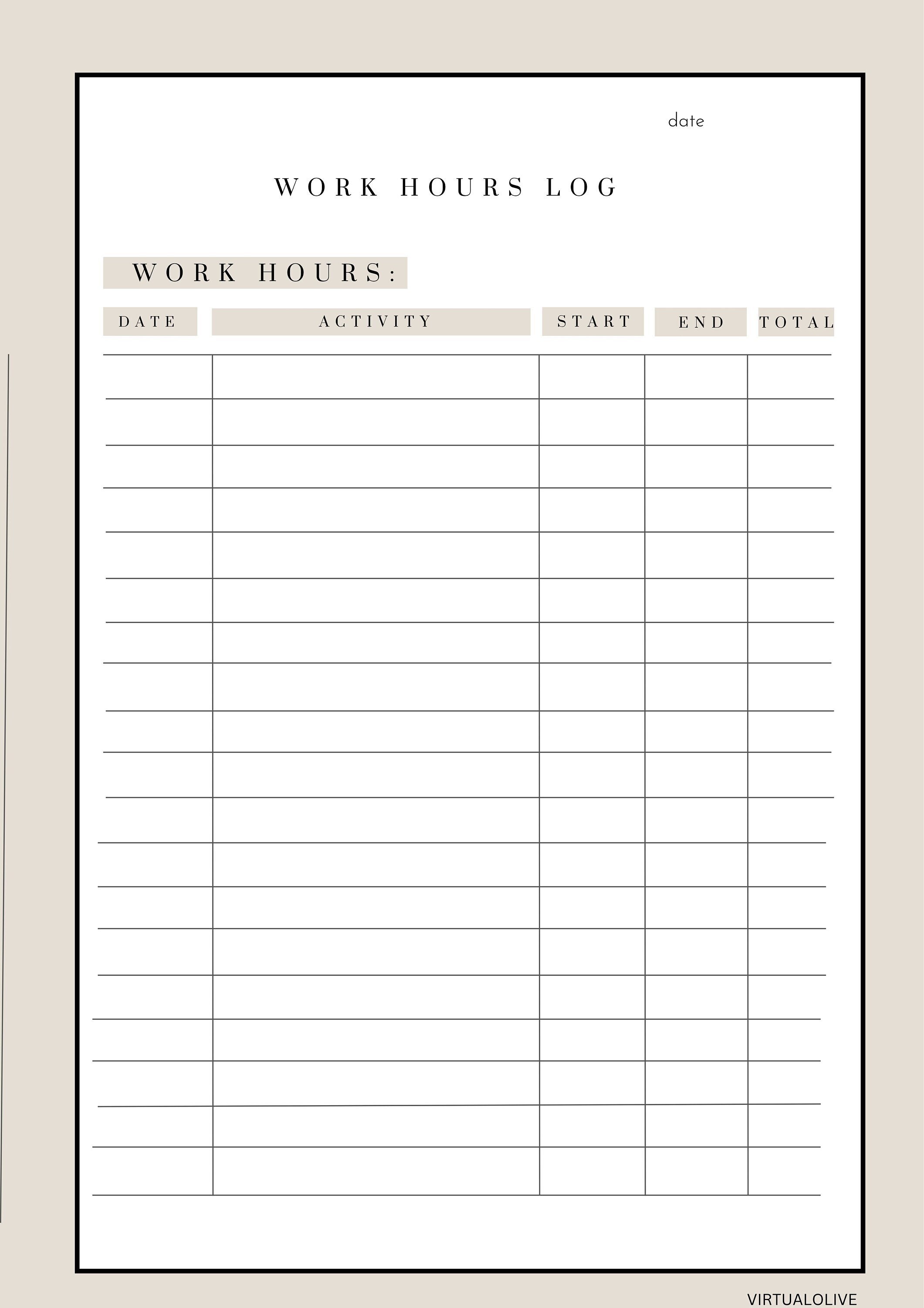 Work Hours Log Checklist Work Essentials Checklists - Etsy