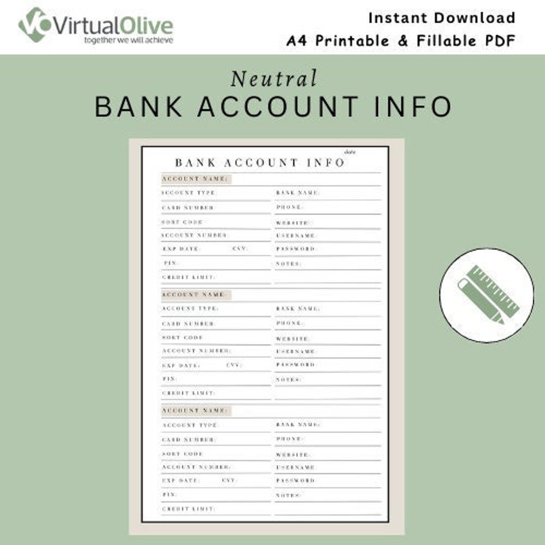 Bank Account Information Organising Bank Account Info - Etsy