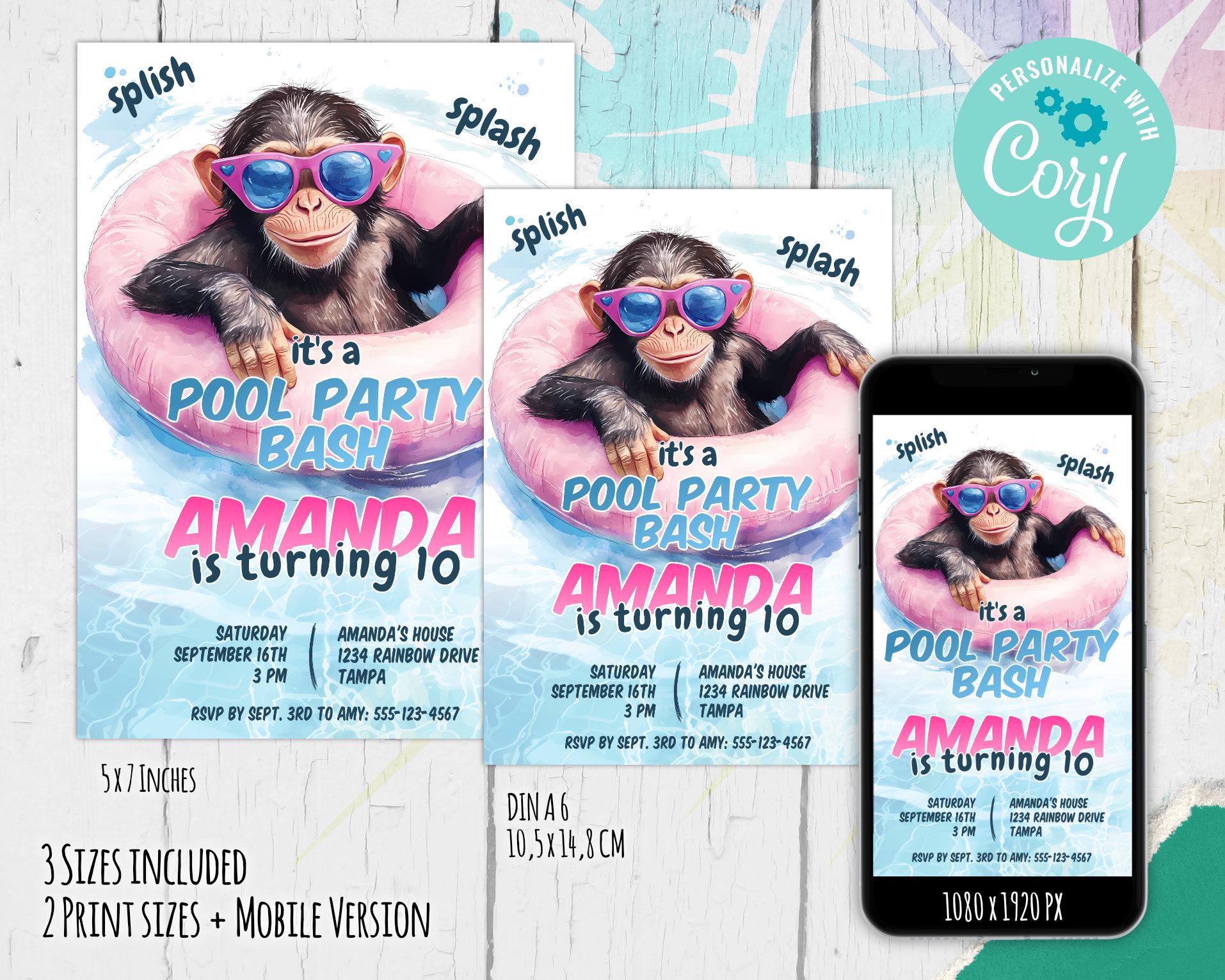 Editable Monkey Pool Party Invitation, Pink Chimp Pool Invite, Girl ...