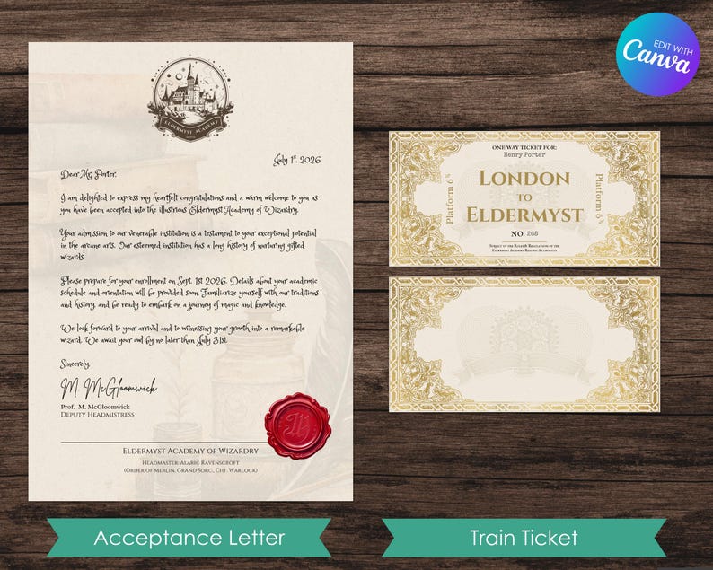 Editable Wizard School Acceptance Letter Set, Gift Bundle for Wizard ...