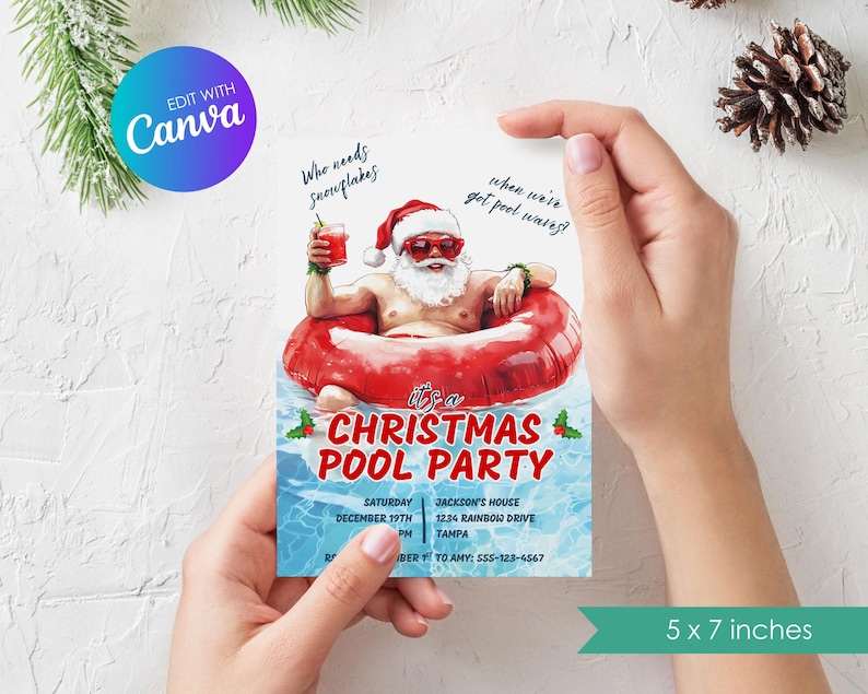 Christmas Pool Party Invitation, Editable XMAS Invite, Santa Pool Party ...