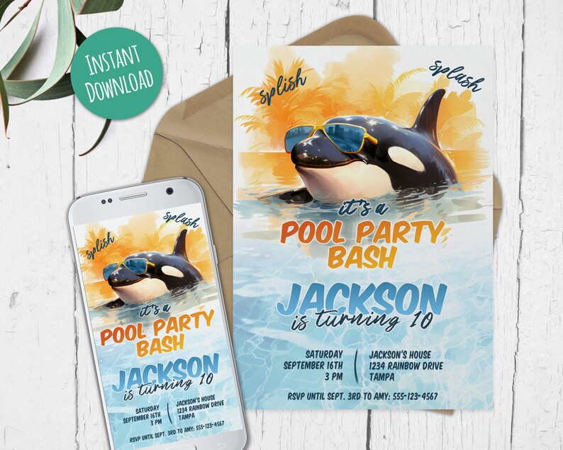 Editable Pool Party Birthday Invitation, Orca, Killer Whale, Swimming ...
